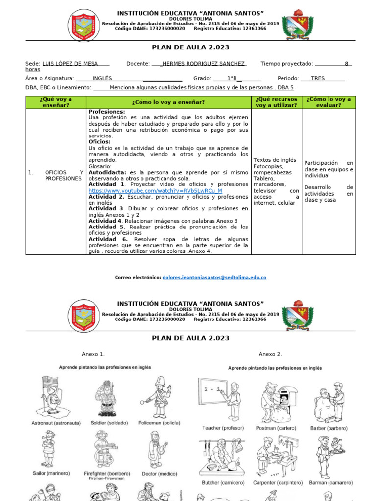 Plan de Aula de Inglés 1°B 2023 | PDF | Aprendizaje