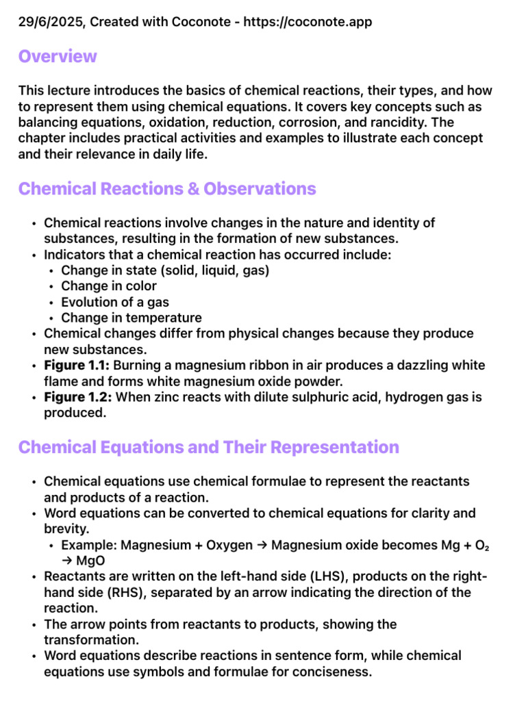Chemical Reactions Overview Notes | PDF | Chemical Reactions | Redox