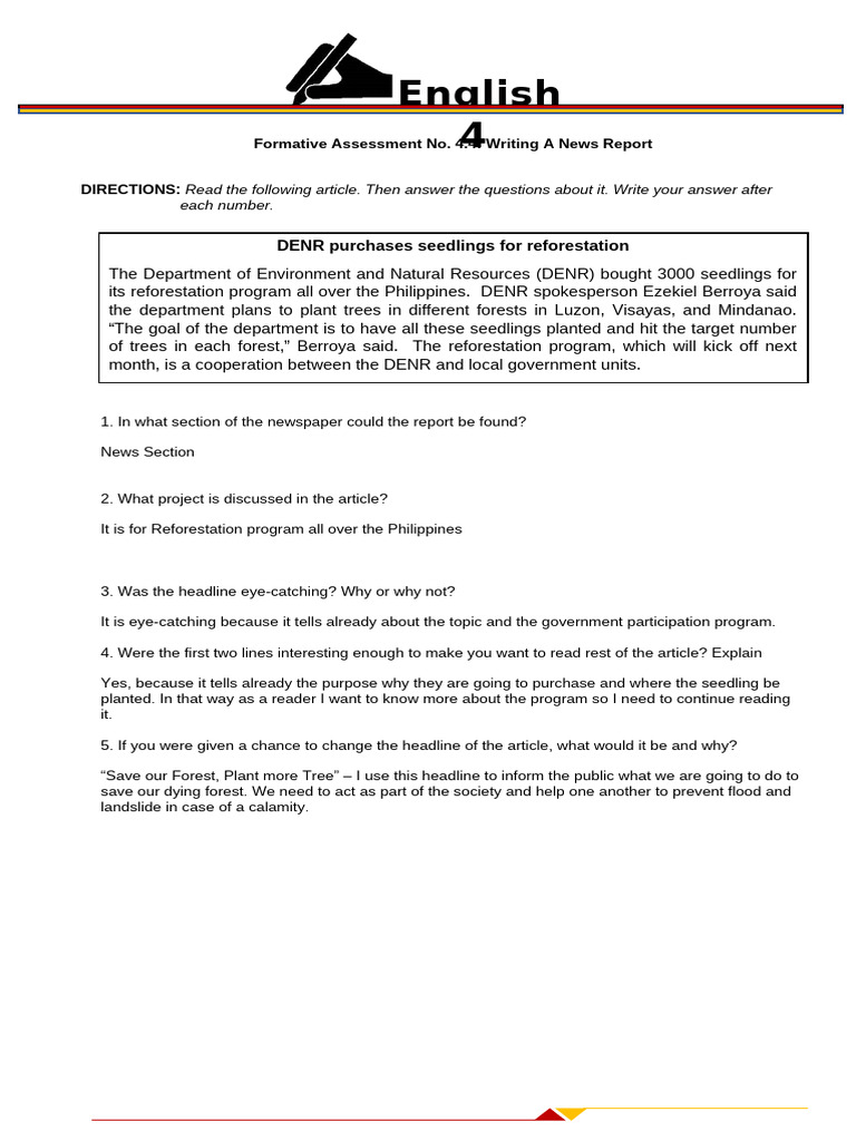 Formative Assessment 4 4 - Writing A News Report | PDF