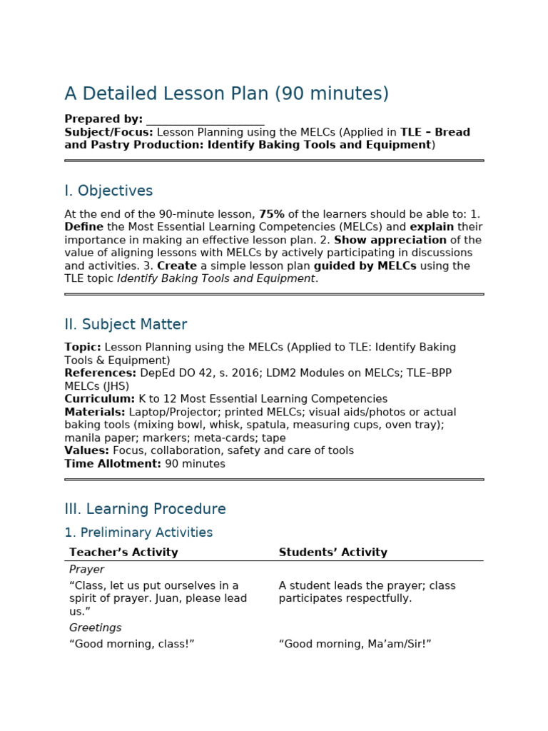MELC-Based Lesson Plan for TLE | PDF | Baking | Learning