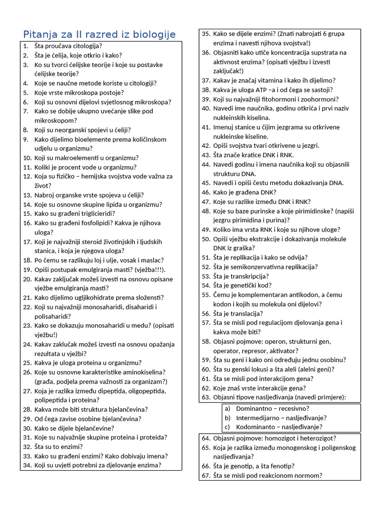 Pitanja Za II Razred Iz Biologije 2019. 1 | PDF