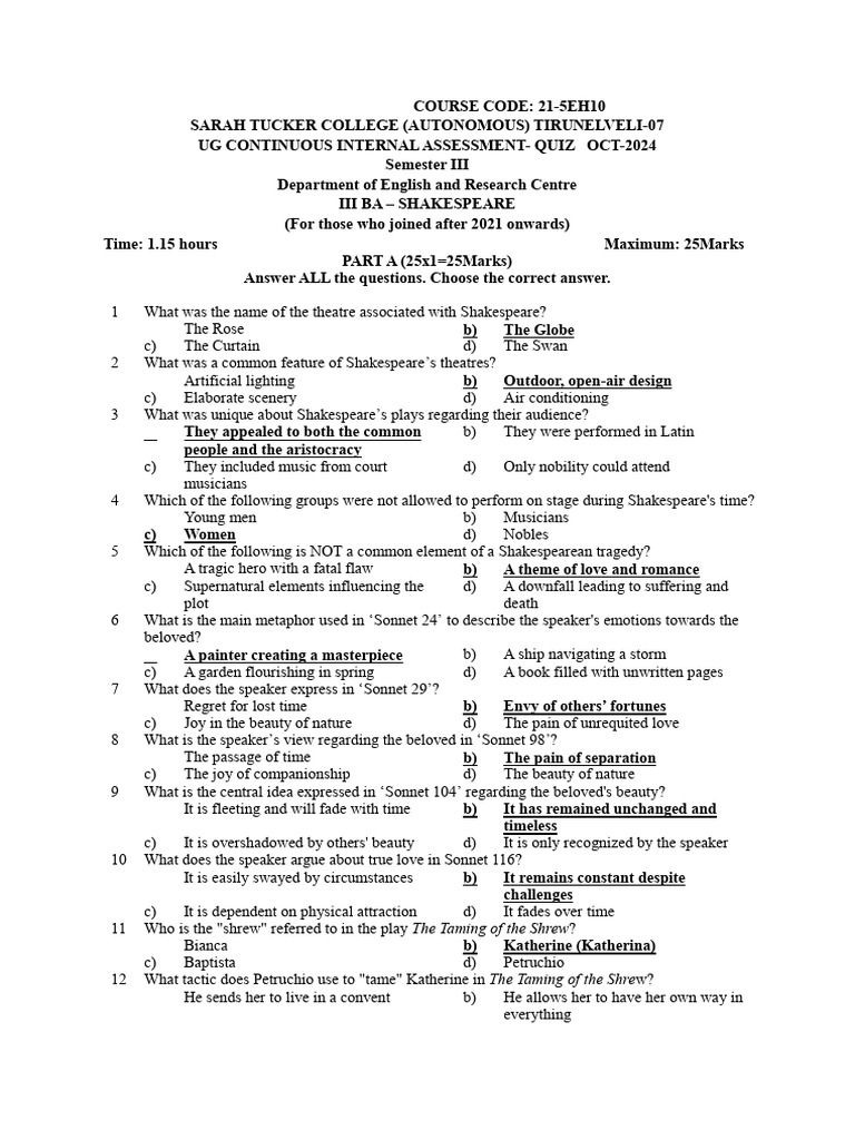 Shakespeare Quiz | PDF | The Taming Of The Shrew | Macbeth
