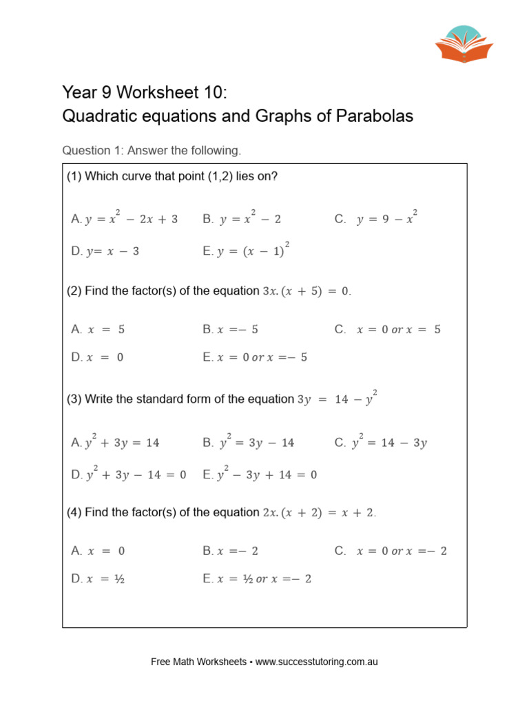 Year 9 Worksheet 10 Quadratic Equations and Graphs of Parabolas | PDF ...