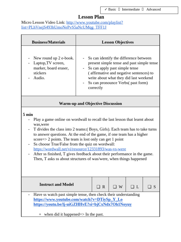 Past Simple Tense Lesson Plan | PDF | Verb | Linguistic Typology