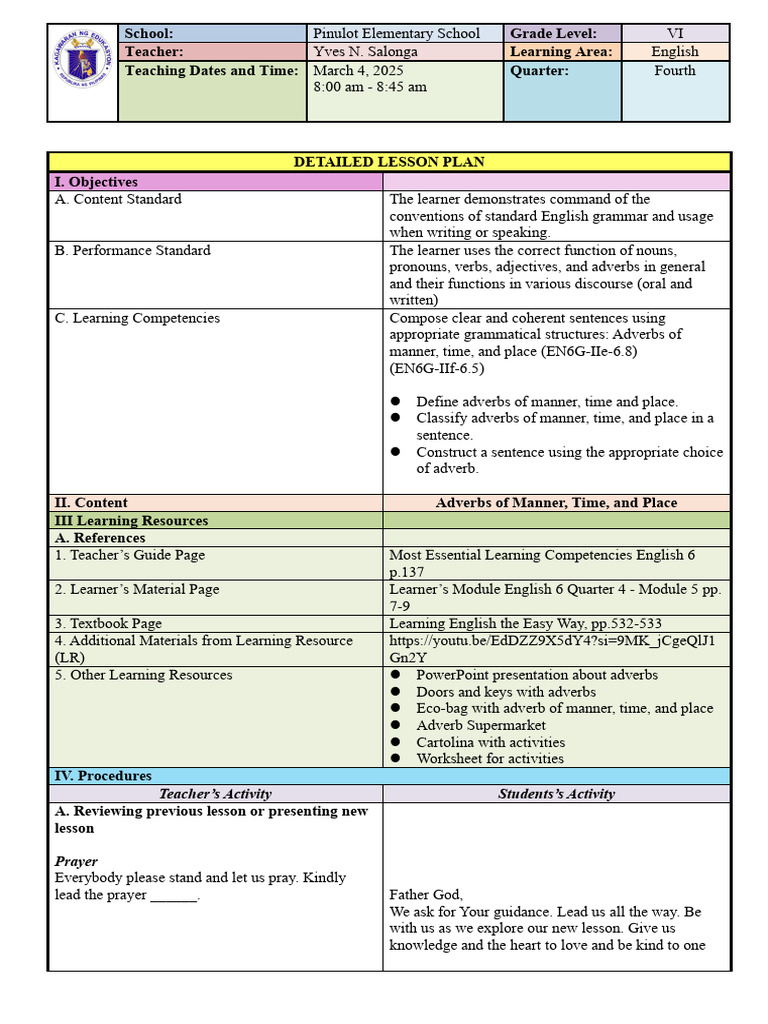 Adverbs Lesson Plan for Grade 6 | PDF | Adverb | English Language