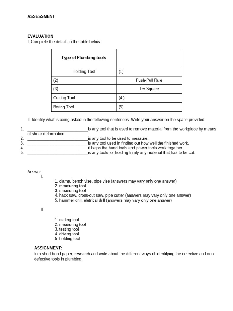 Plumbing Tools Assessment Guide | PDF