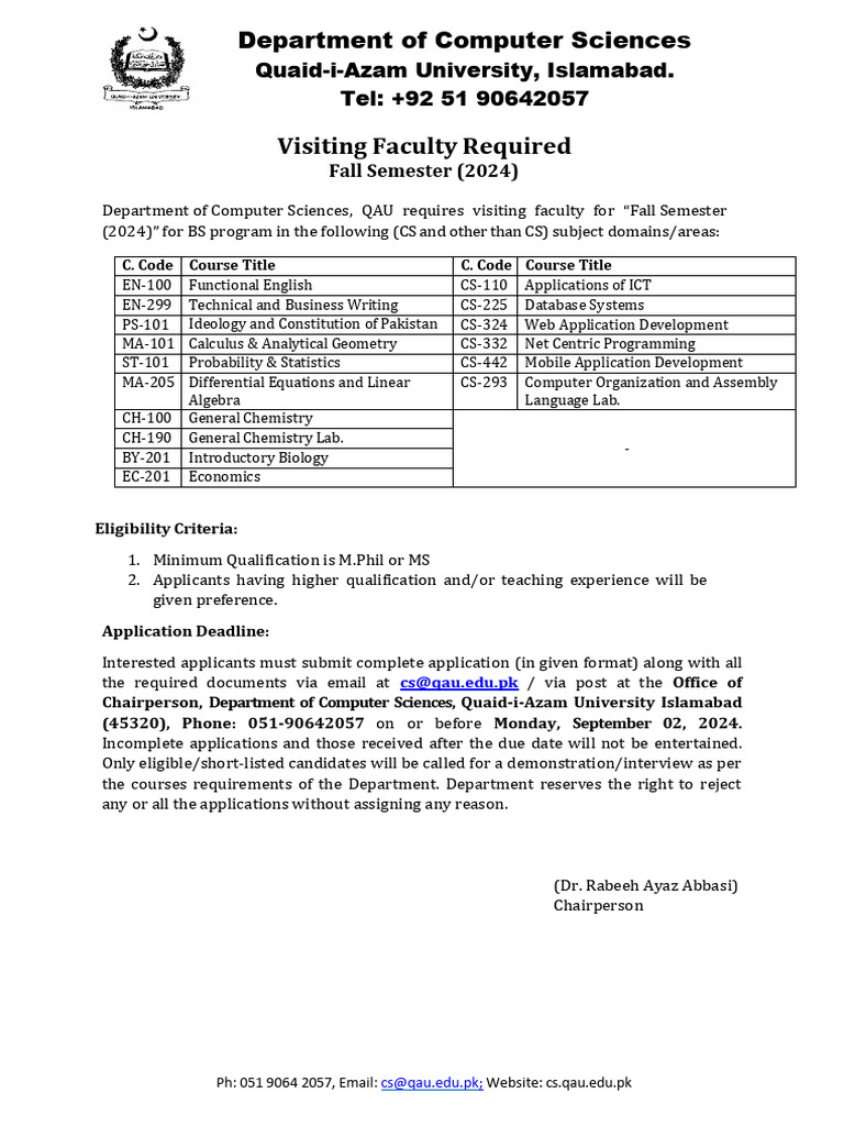 Visiting Faculty Ad & Application Form For CS Sem. Fall 2024 | PDF