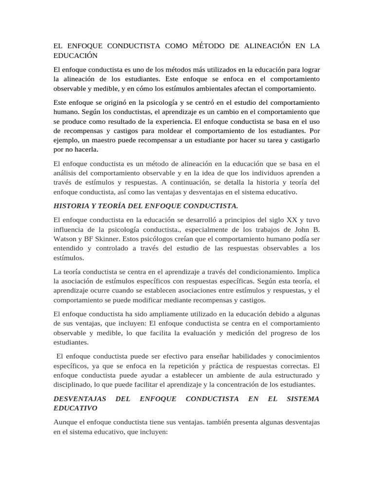 Enfoque Conductista en Educación | PDF | Behaviorismo | Aprendizaje