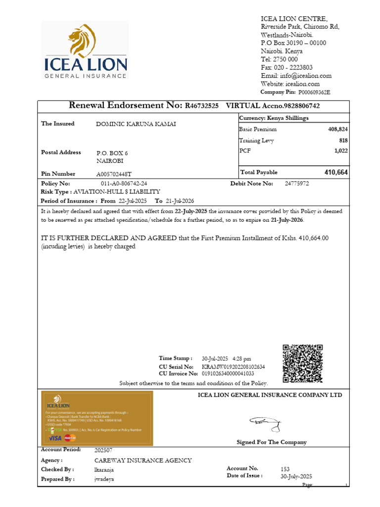 Renewal Endorsement - Dominic | PDF | Insurance | Financial Services