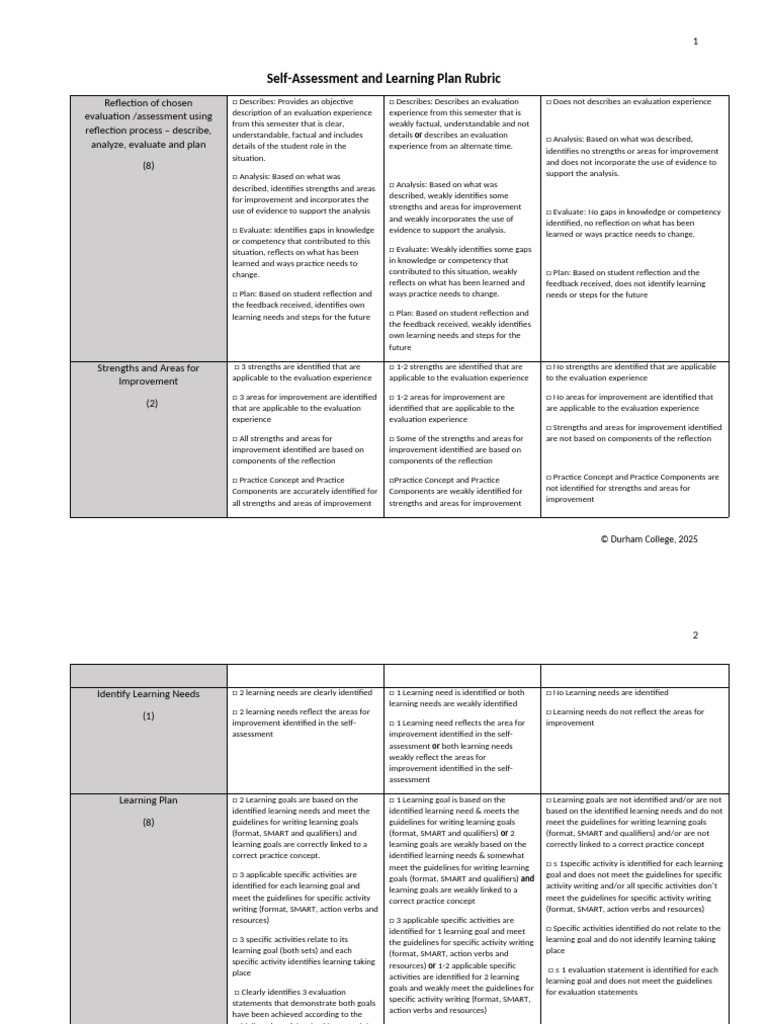 Self-Assessment Learning Plan Rubric | PDF | Evaluation | Apa Style