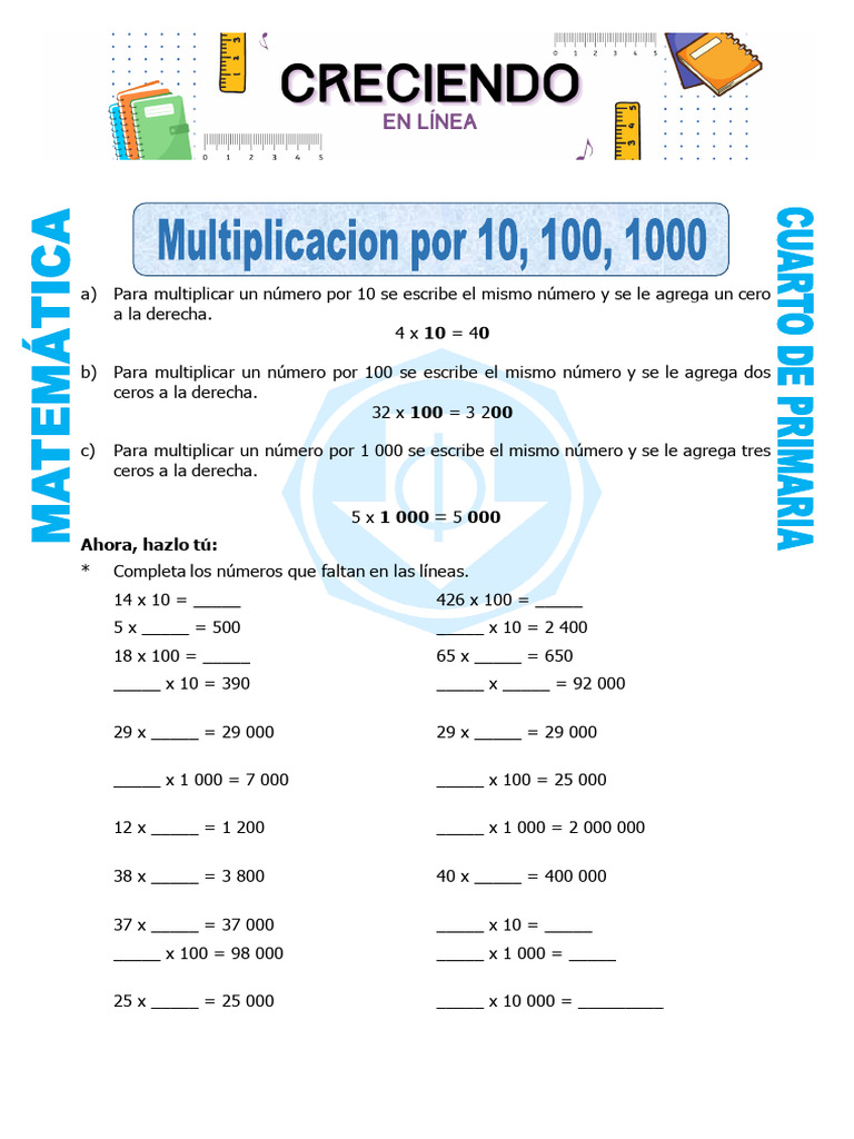 Ejercicios de multiplicación por 10, 100 y 1000 | PDF