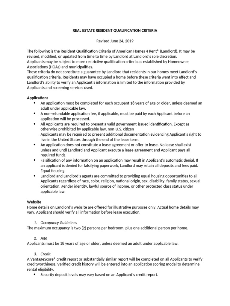 Resident Qualification Criteria Guide | PDF | Landlord | Lease