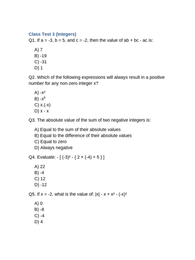 Challenging Integer MCQ Test | PDF | Integer | Numbers