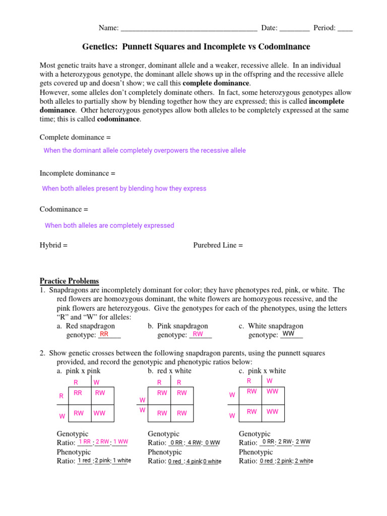 Victoria Berry - 1.punnett Square Incomplete.v.codominance Classwork ...
