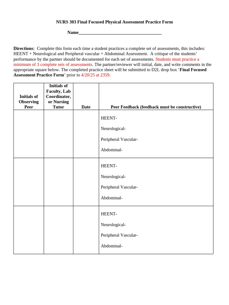 NURS 303 Physical Assessment Practice Form | PDF