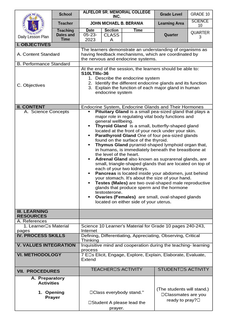 Grade 10 Science Endocrine Lesson Plan | PDF | Endocrine System | Hormone