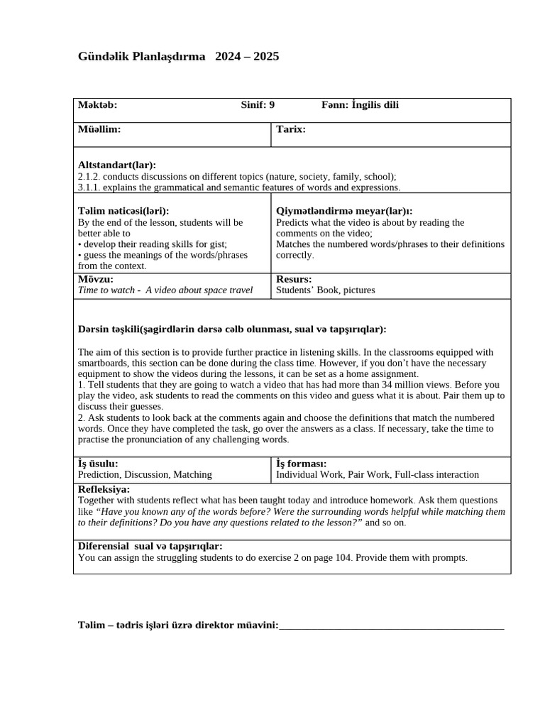 9th Grade English Lesson Plan 2024-2025 | PDF