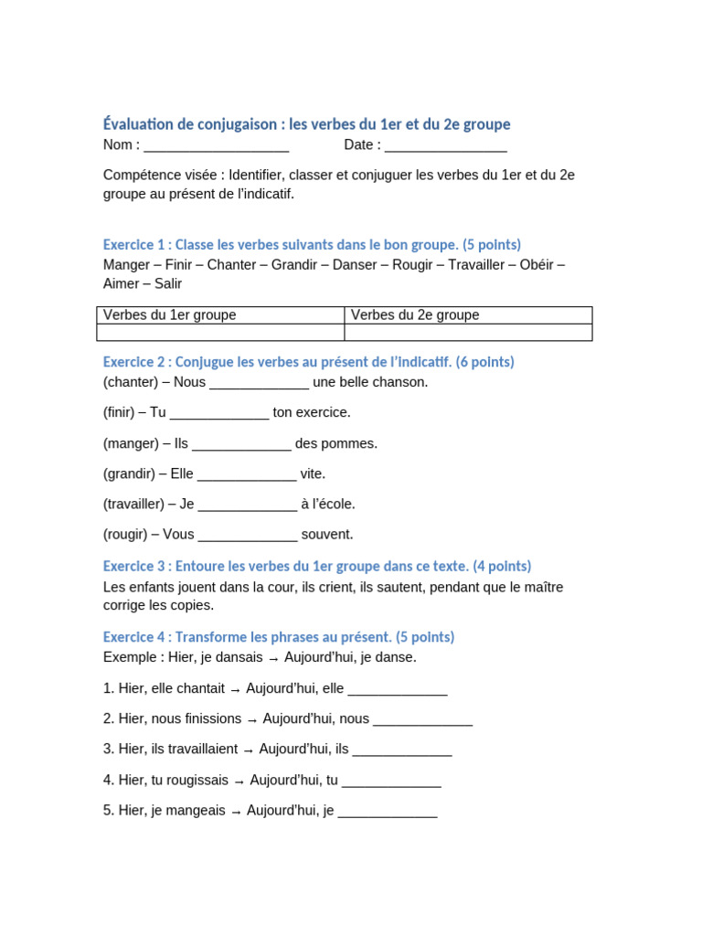 Évaluation conjugaison 1er et 2e groupe | PDF