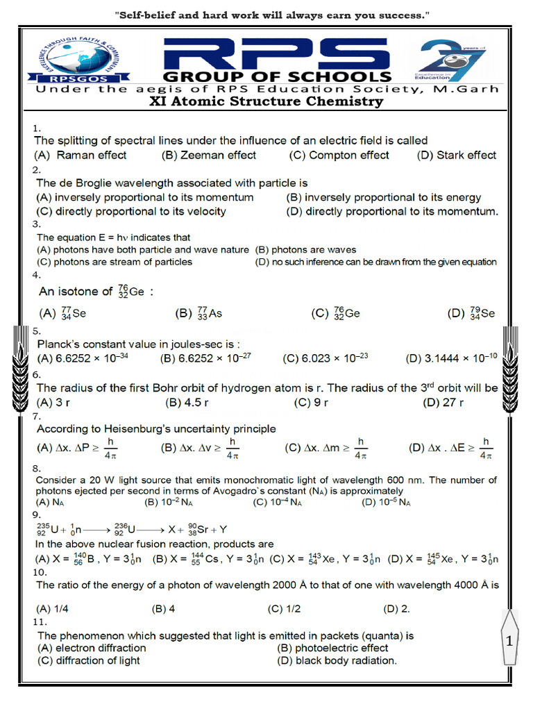 XI Atomic Structue Chemistry (11!04!2025) | PDF
