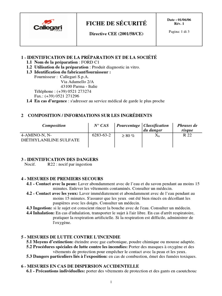Fiche de sécurité produit FORD C1 | PDF