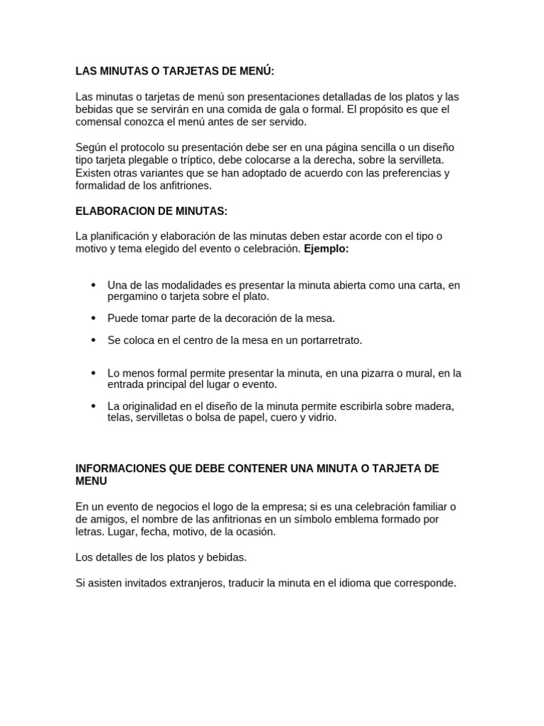 Las Minutas o Tarjetas de Menú | PDF