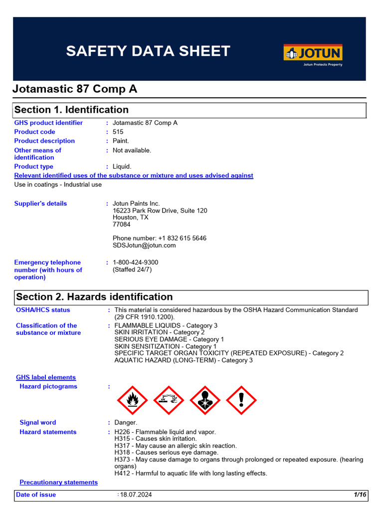 SDS 515 Jotamastic 87 Comp A Eng US | PDF | Occupational Safety And Health