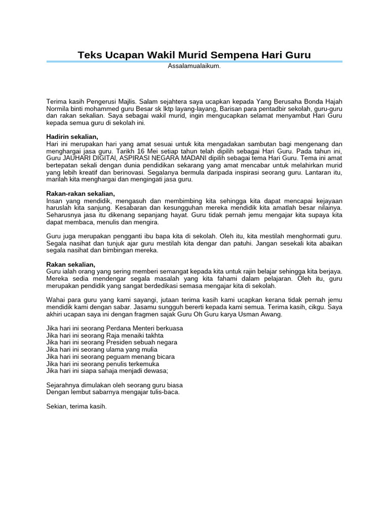 Ucapan Hari Guru oleh Wakil Murid | PDF
