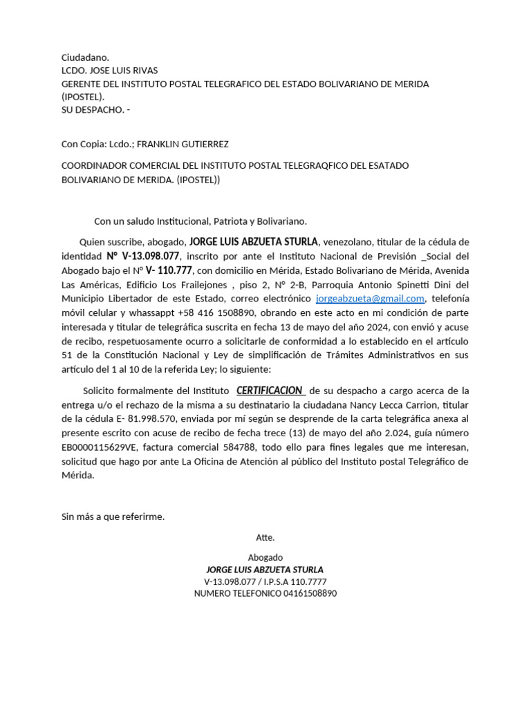 Solicitud de Certificación a IPOSTEL | PDF