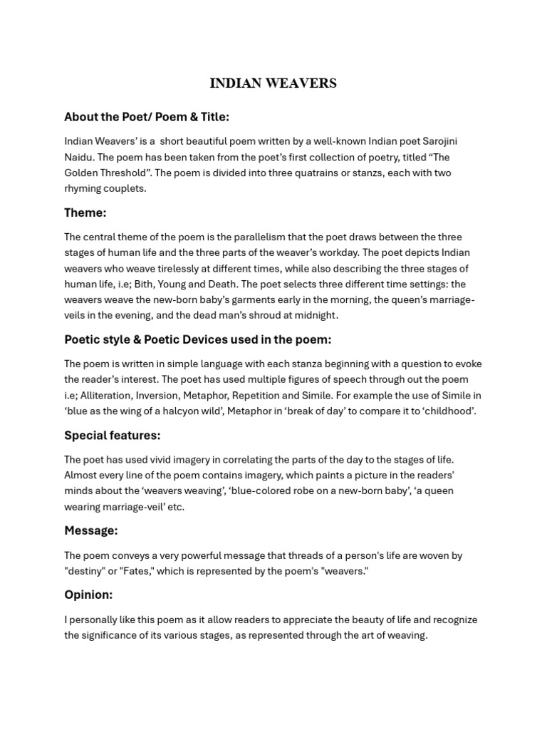 Indian Weavers: Poem Appreciation | PDF