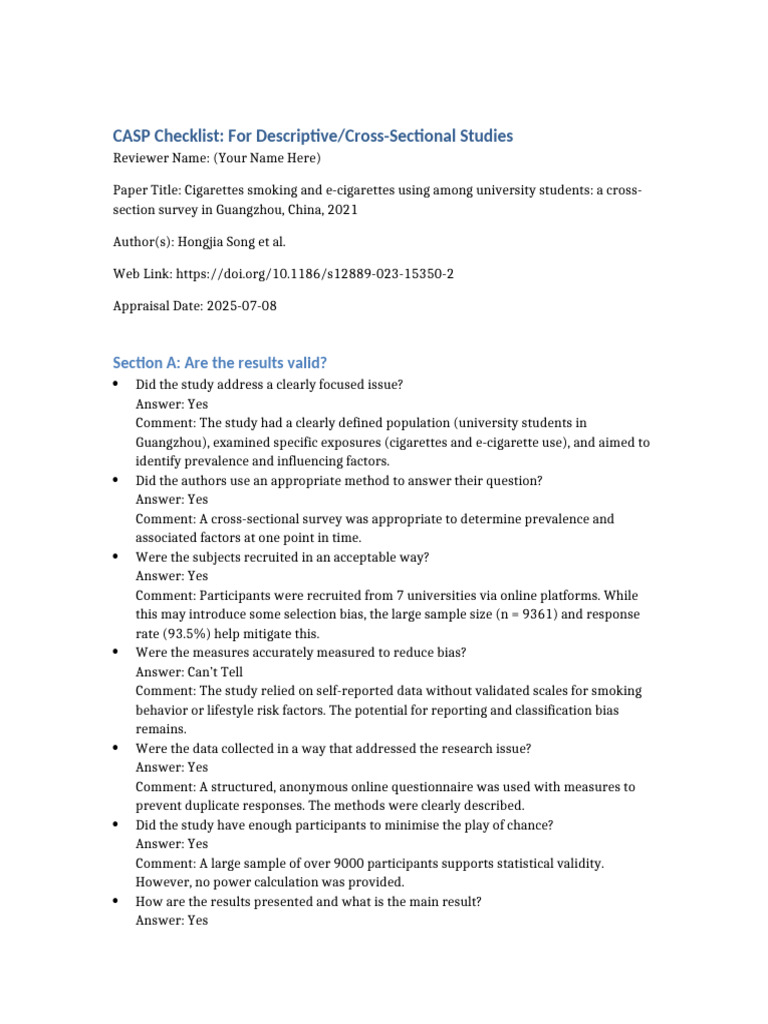 CASP Checklist Completed | PDF | Survey Methodology | Methodology