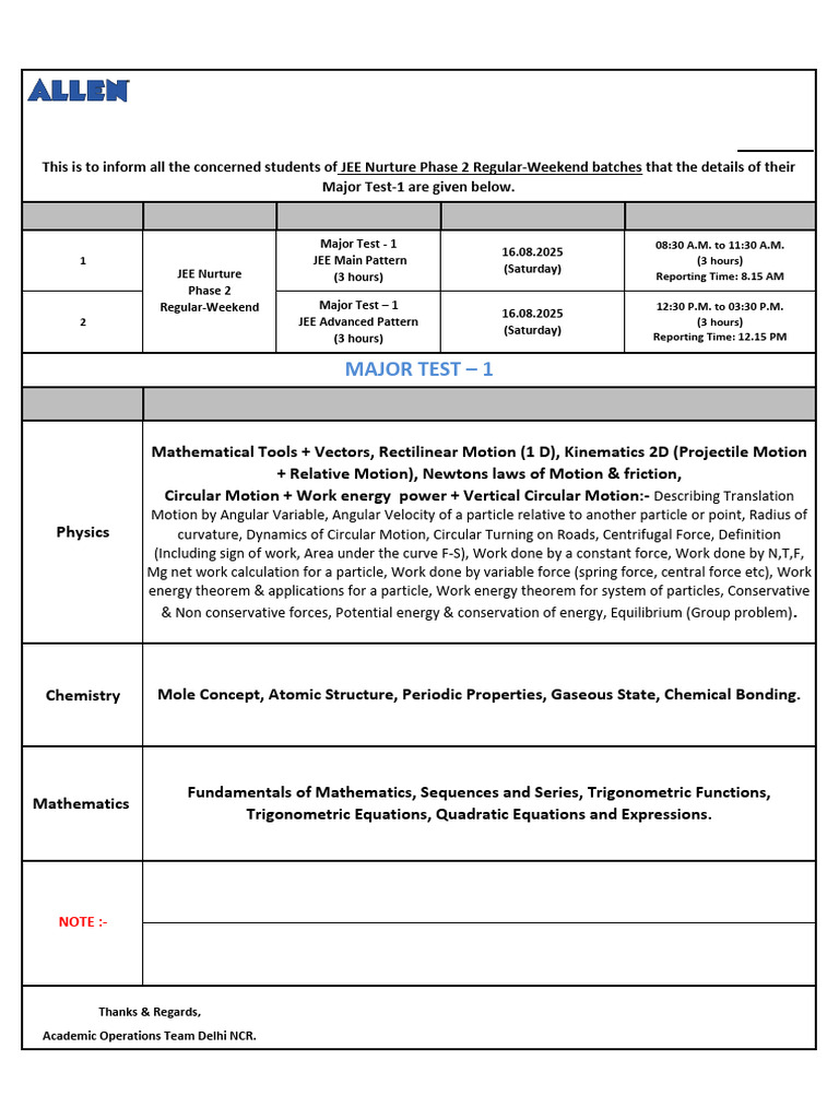 JEE Major Test 1 Schedule & Syllabus | PDF | Force | Kinematics