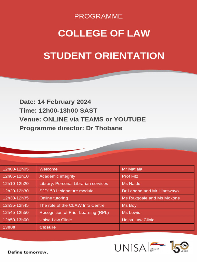 2024 - CLAW - STUDENT ORIENTATION - PROGRAMME ONLY - 12 February 2024 | PDF