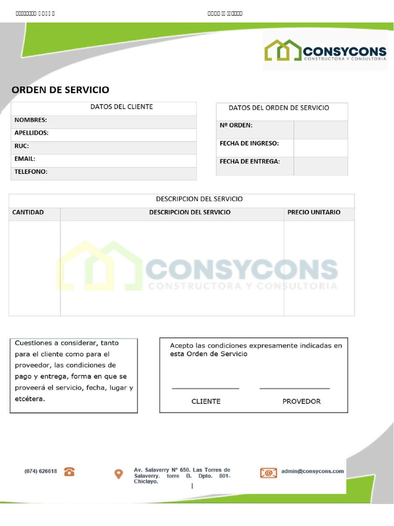 Formato de Orden de Servicio - ILIDE | PDF