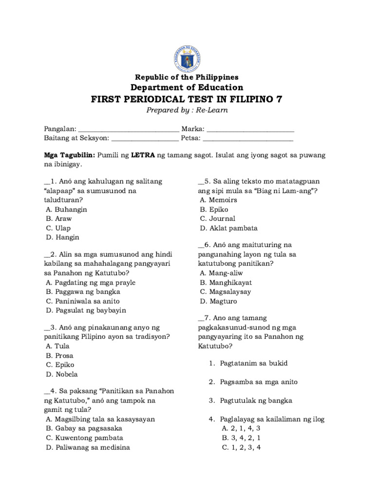 q1 Filipino 7 (Re-Learn) | PDF