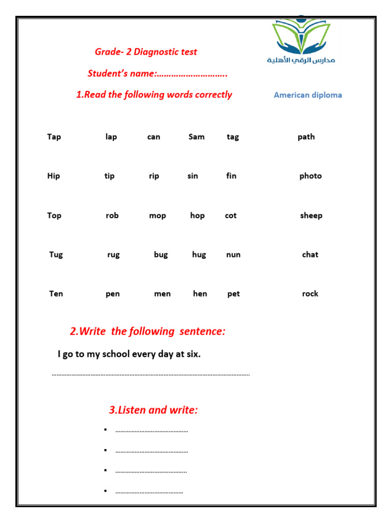 Grade 2 English Diagnostic Test | PDF