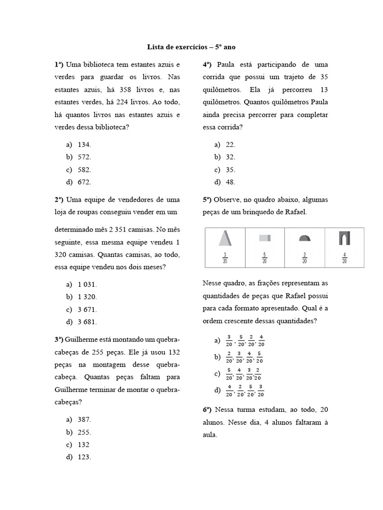 Exercícios de Matemática para 5º Ano | PDF
