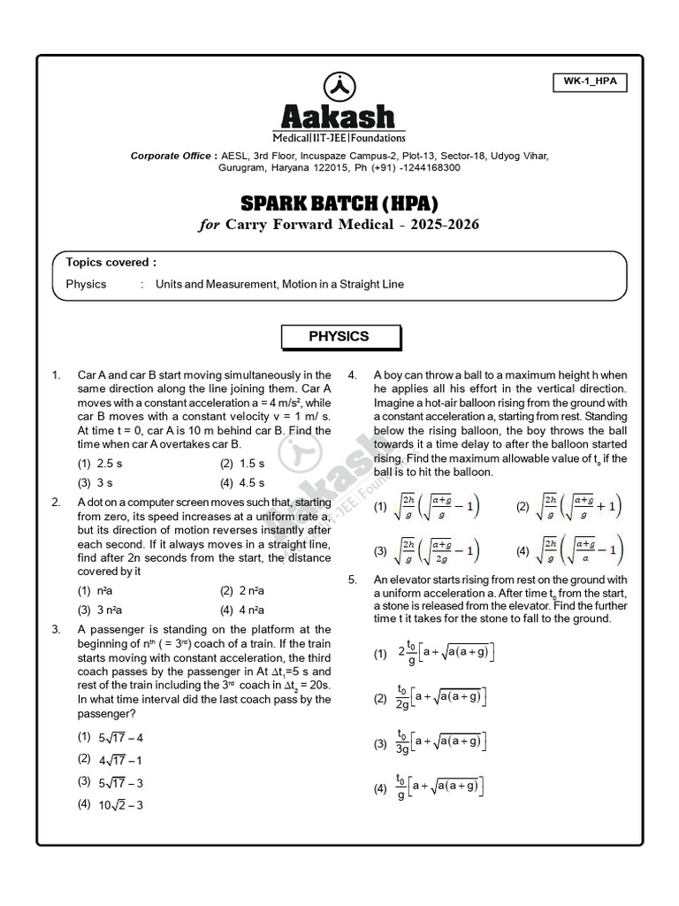 Spark H Assignment 01 (Physics) | PDF | Acceleration | Velocity