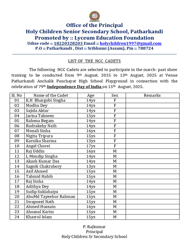 Ncc Cadets List - Holy Children Sr Secondary School | PDF