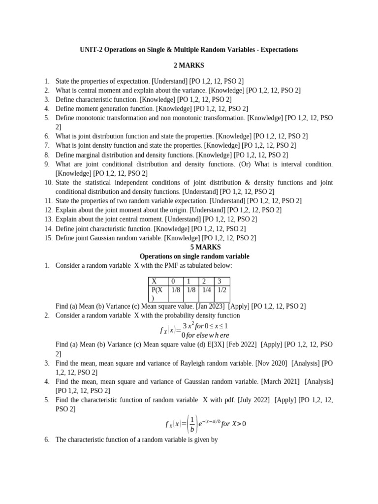PTSP UNIT 2 Question Bank | PDF | Probability Density Function | Probability Distribution