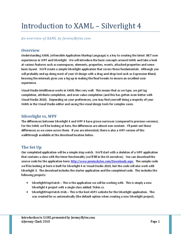 Introduction To XAML - Silverlight 4 | PDF | Extensible Application Markup Language | Windows ...