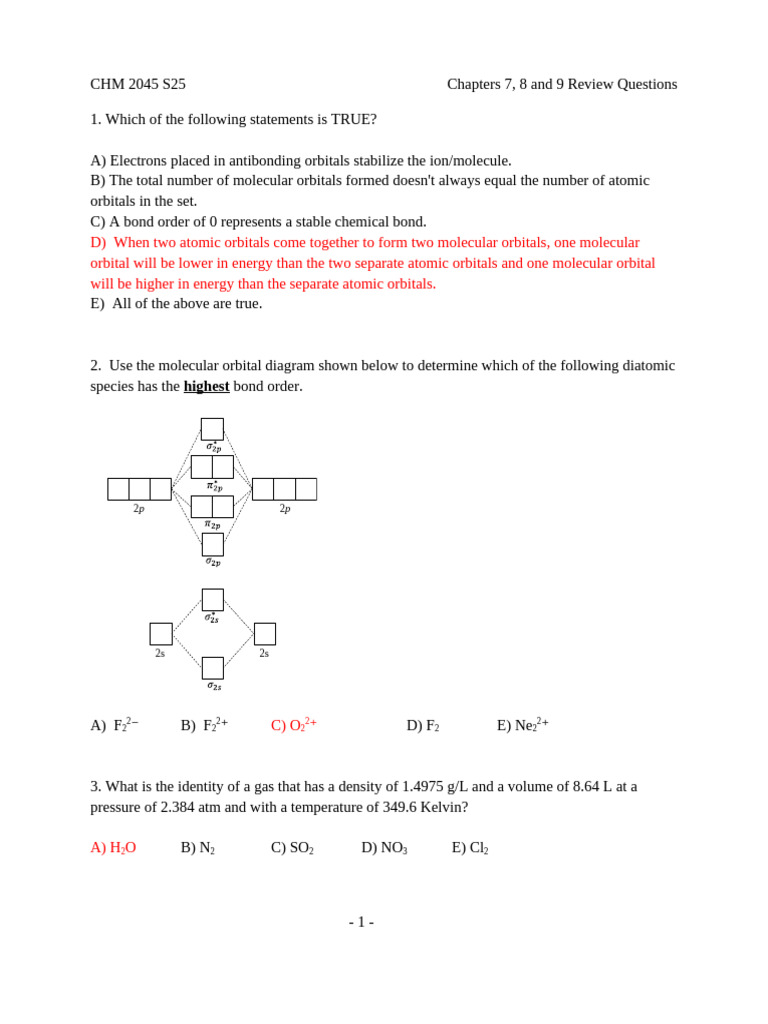 CHM 2045 Chapters 7, 8 and 9 Review Questions With Answers - S25 | PDF ...