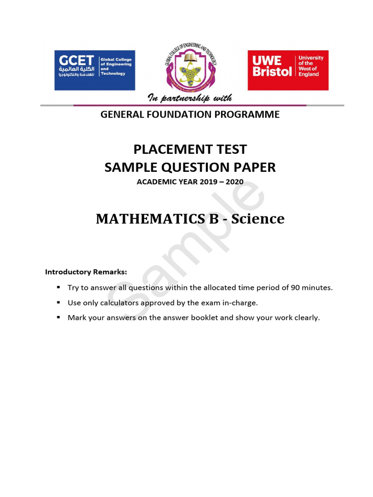 Placement Test - MATH B (Science) Sample 2 | PDF | Mathematics