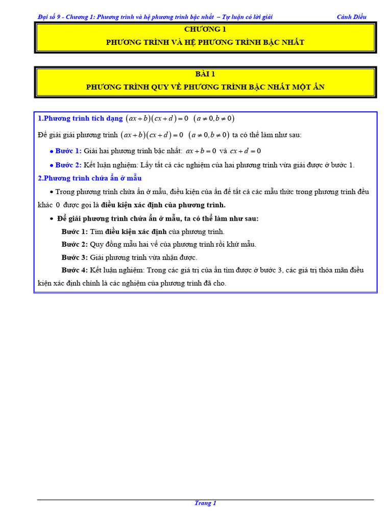 Cac Dang Bai Tap Phuong Trinh Va He Phuong Trinh Bac Nhat Toan 9 Canh Dieu Trang | PDF