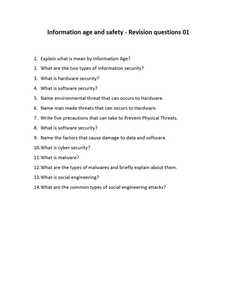 Information Age and Safety Revision Questions 01 | PDF