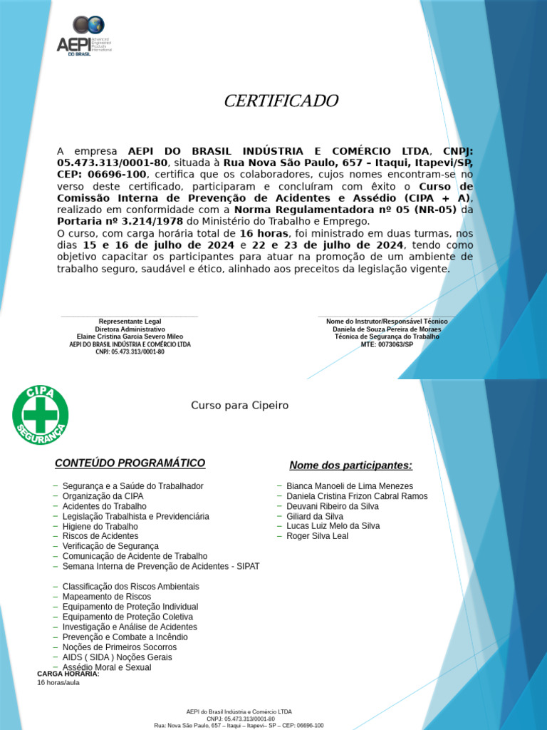 Certificado Cipa 2025-2026 - Empresa | PDF | Segurança e saúde ocupacional
