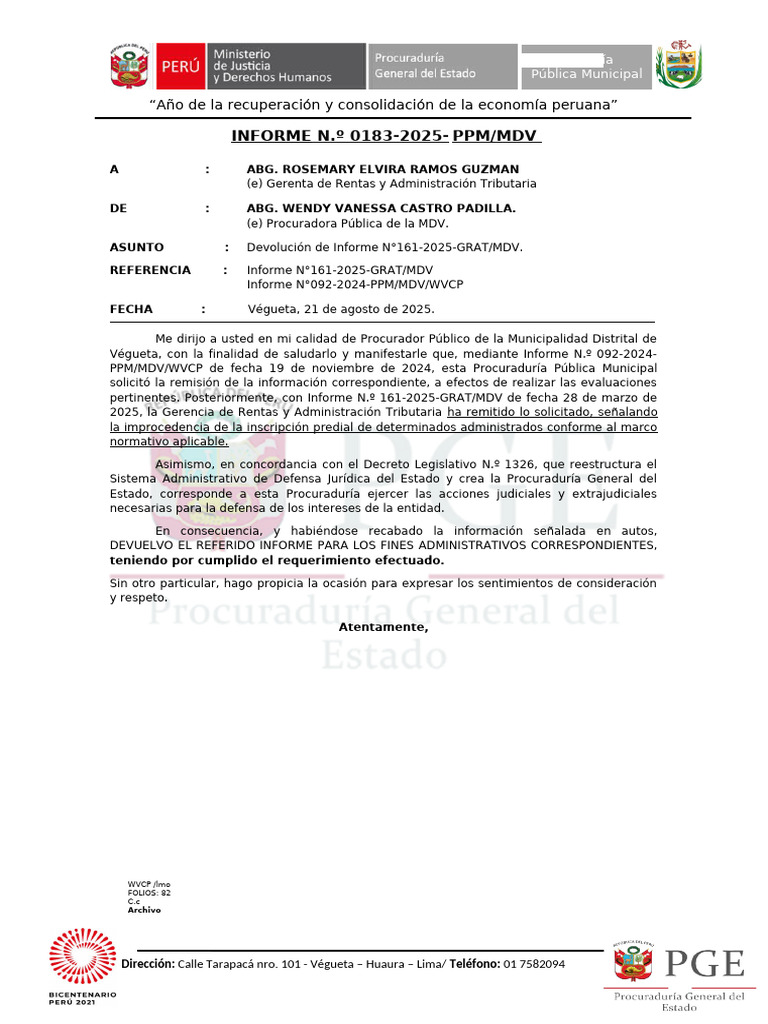 INFORME N.° 183-2025- PPM-MDV-WVCP Devolución de Informe N°161-2025-GRATMDV | PDF