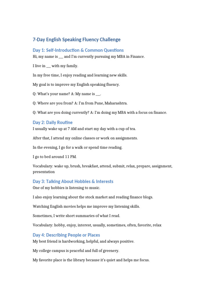 7-Day English Fluency Challenge | PDF