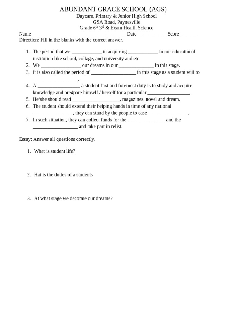 Abundant Grace School Exam Worksheets | PDF | Middle Schools | Liberia