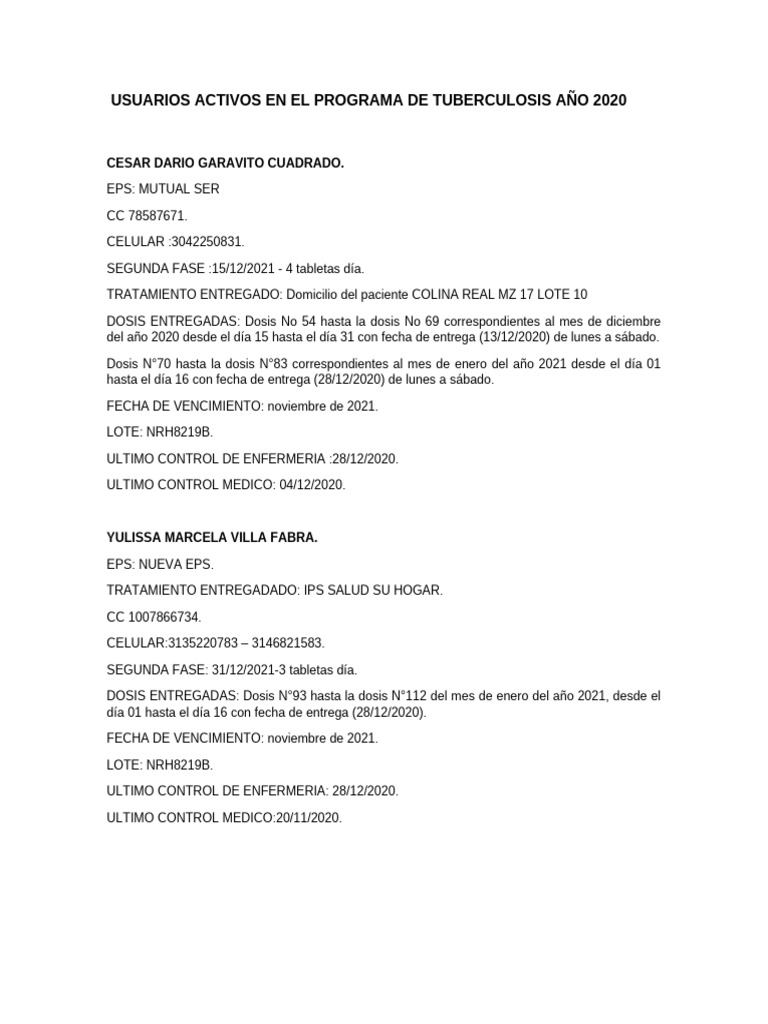 Activos en El Programa de Tuberculosis Año 2020 Usuarios | PDF