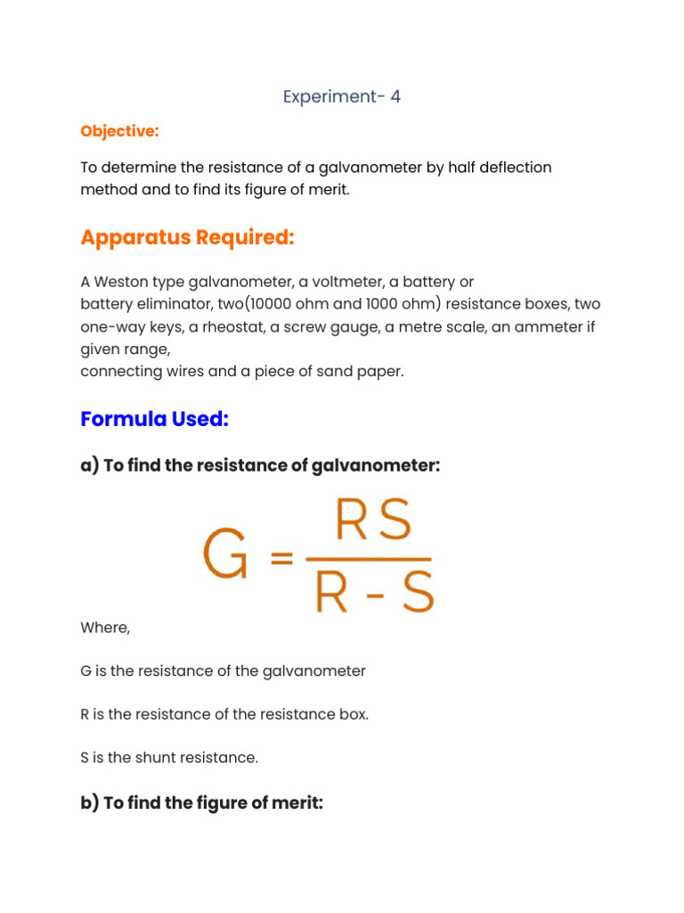 To Determine Resistance of A Galvanometer by Half-Deflection Method and To Find Its | PDF